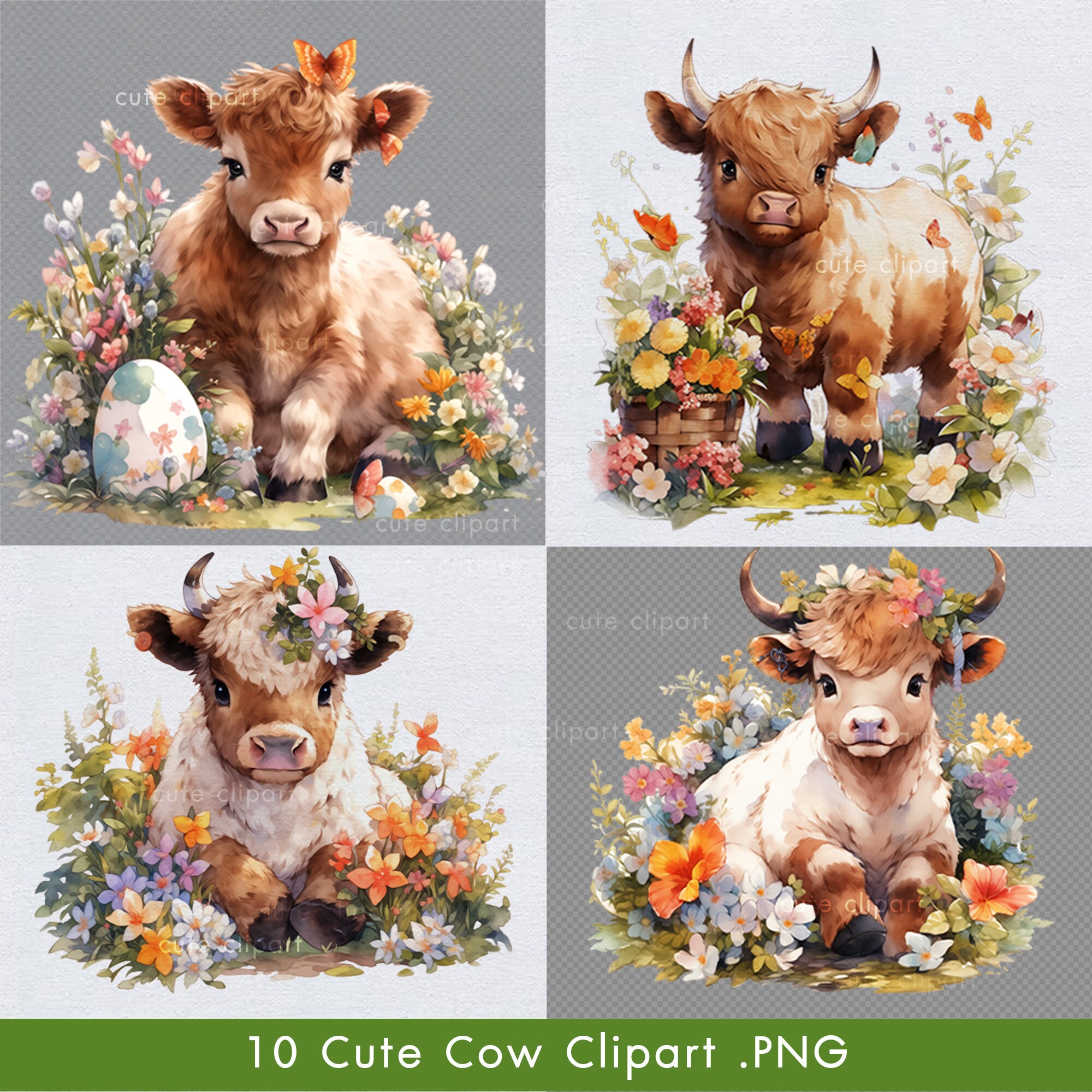 Cute Cow Clipart, Watercolor Highland Cows Collection Clipart, 10 PNG ...