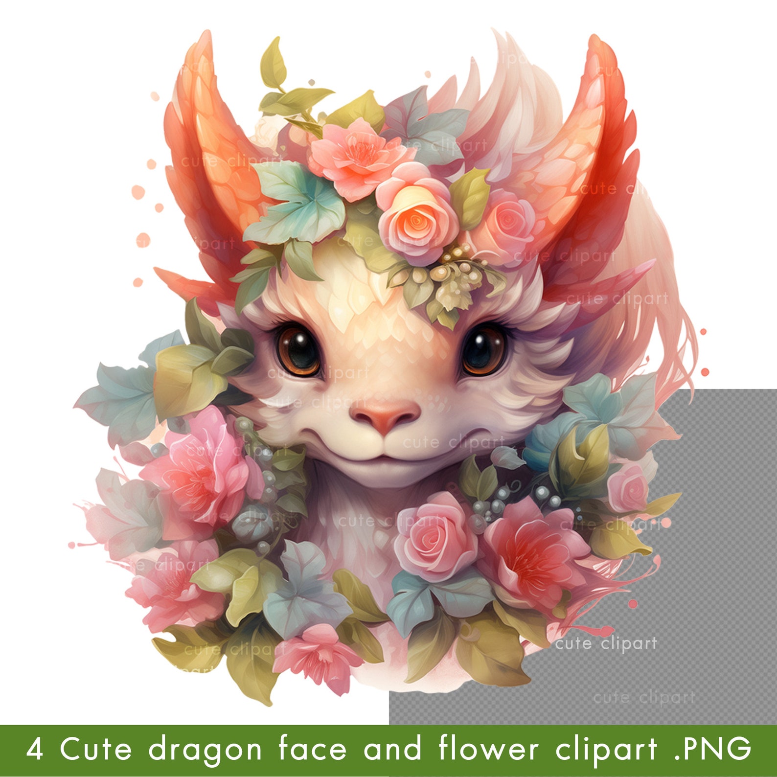 Cute Dragon Face and Flower Clipart Dragon Clipart Children Fairy Tale ...