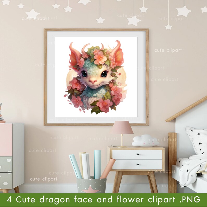 Cute Dragon Face and Flower Clipart Dragon Clipart Children Fairy Tale ...