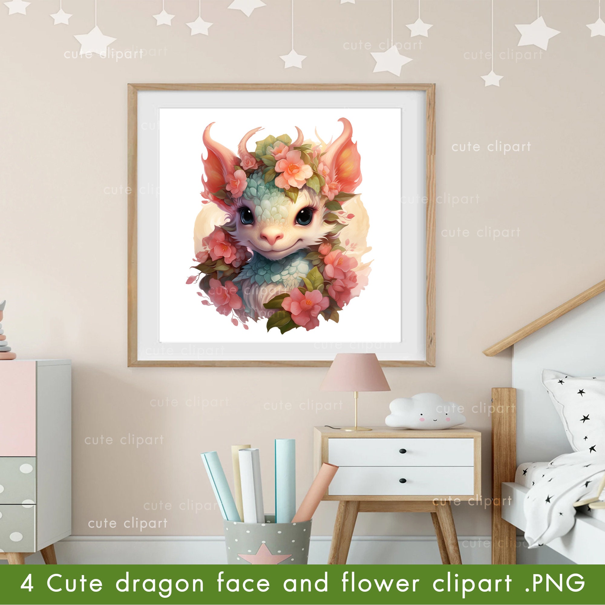 Cute Dragon Face and Flower Clipart Dragon Clipart Children Fairy Tale ...