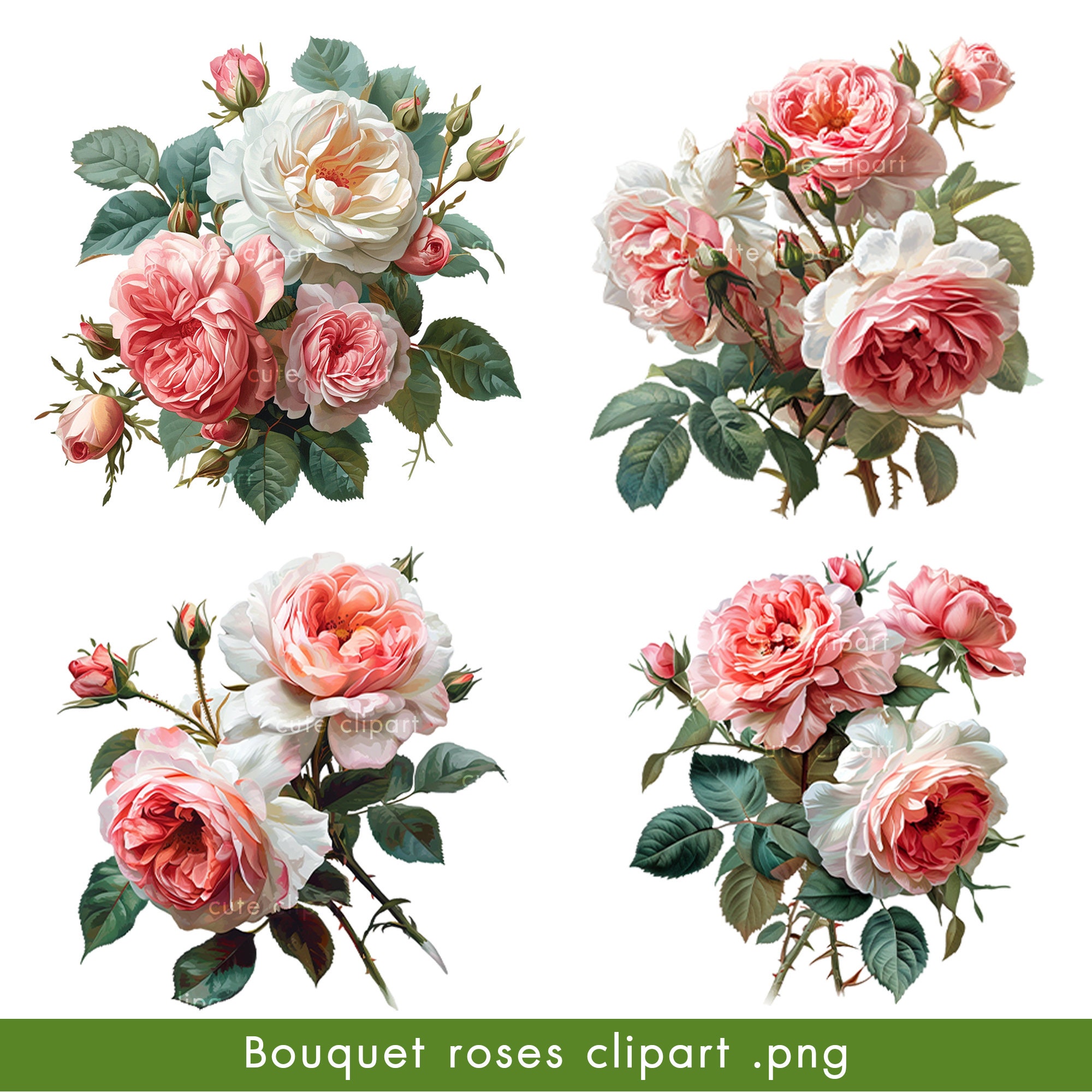 8 PNG Rose Florals Clipart- Realistic Rose Bouquet Clipart- Printable ...