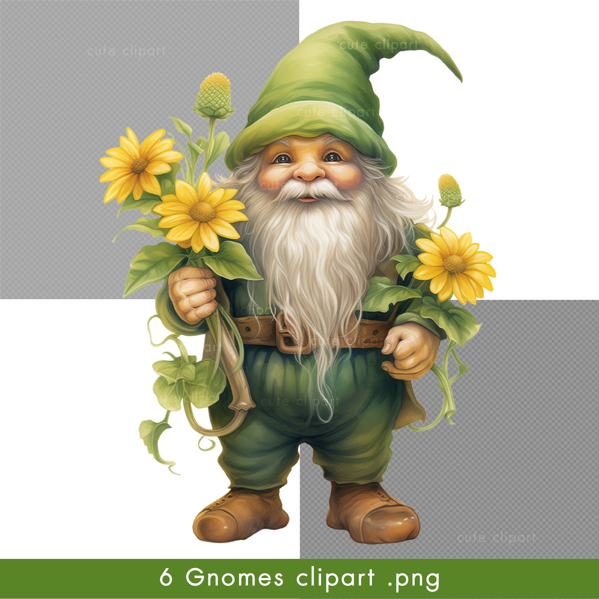 6 St. Patrick and Sunflower Gnome Clip Art, Spring Clipart, Watercolour ...