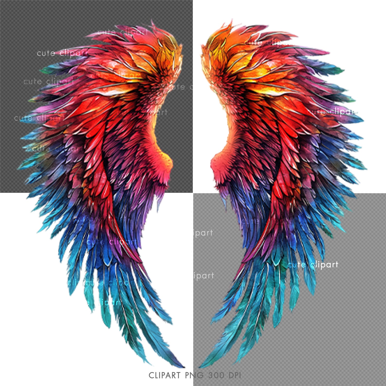 Angel Wings Clipart PNG Watercolor, Color Full Wings Clipart, Feathered ...