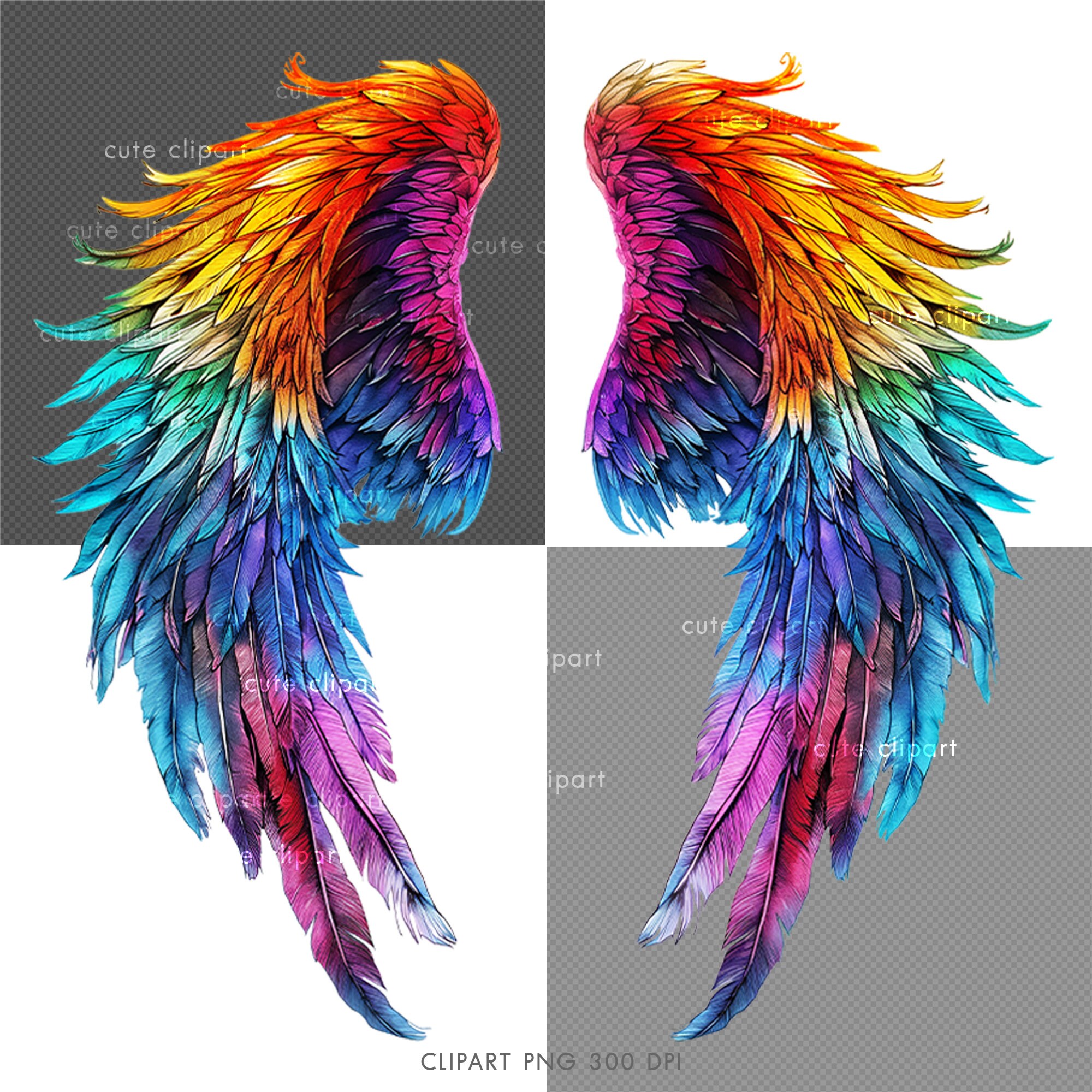 Angel Wings Clipart PNG Watercolor, Color Full Wings Clipart, Feathered ...