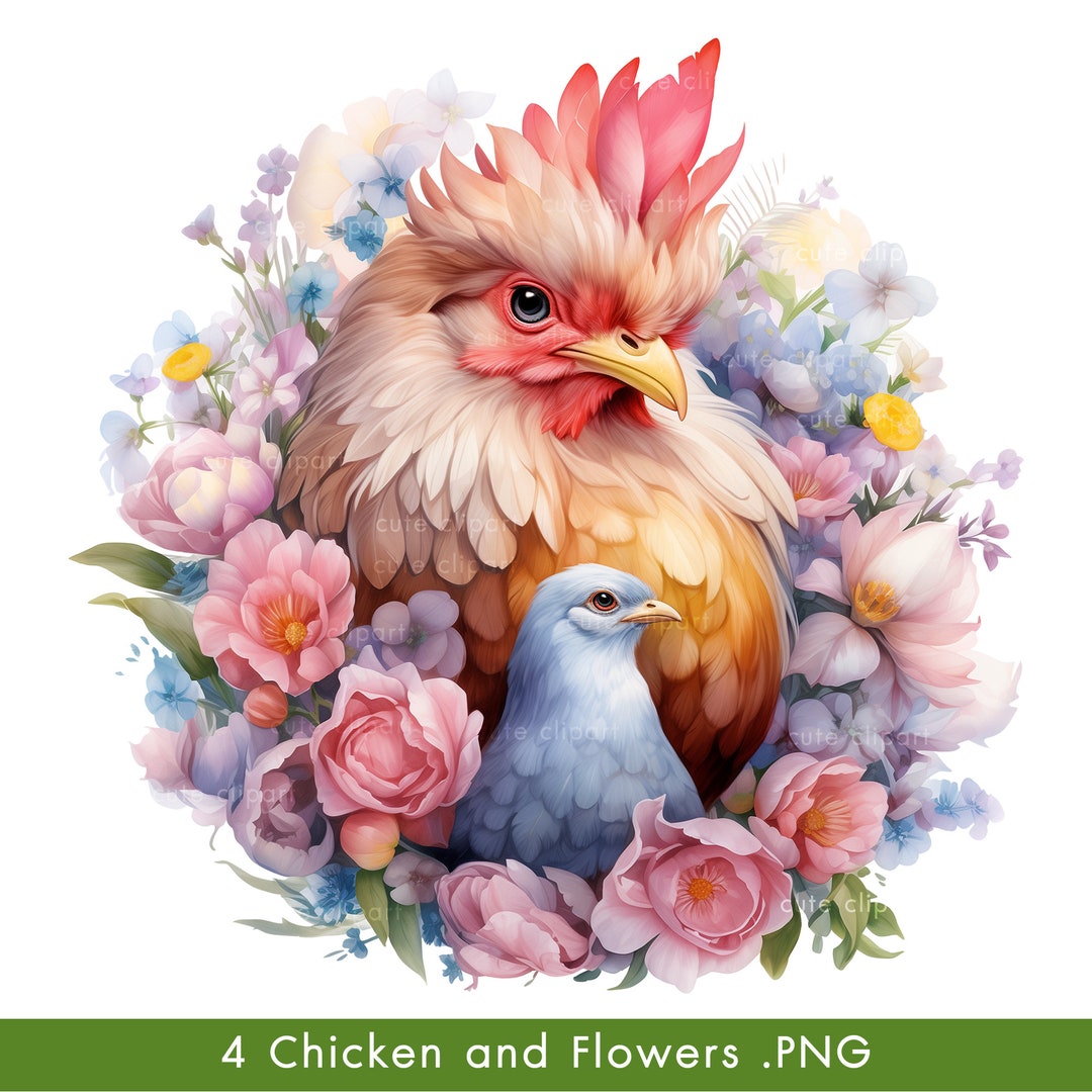 4 PNG Flower and Chicken Illustration Clipart, Floral Easter Chicken ...