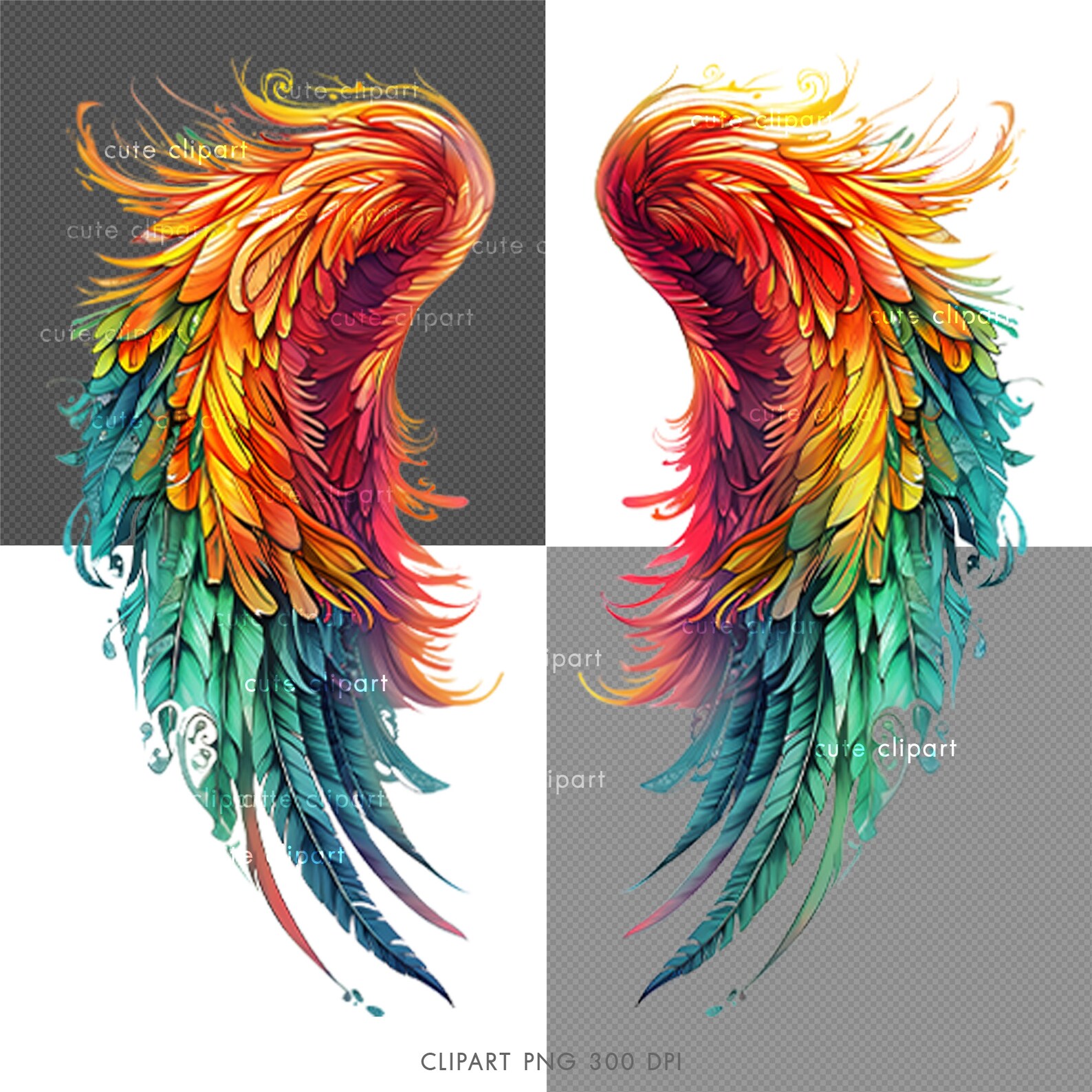 Angel Wings Clipart PNG Watercolor, Color Full Wings Clipart, Feathered ...