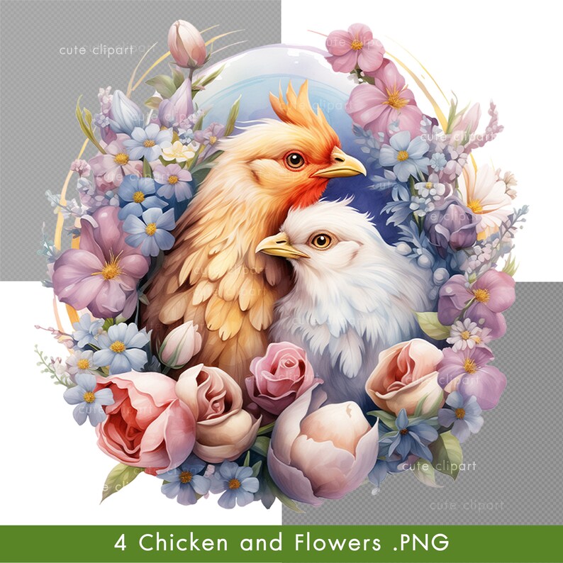 4 PNG Flower and Chicken Illustration Clipart, Floral Easter Chicken ...