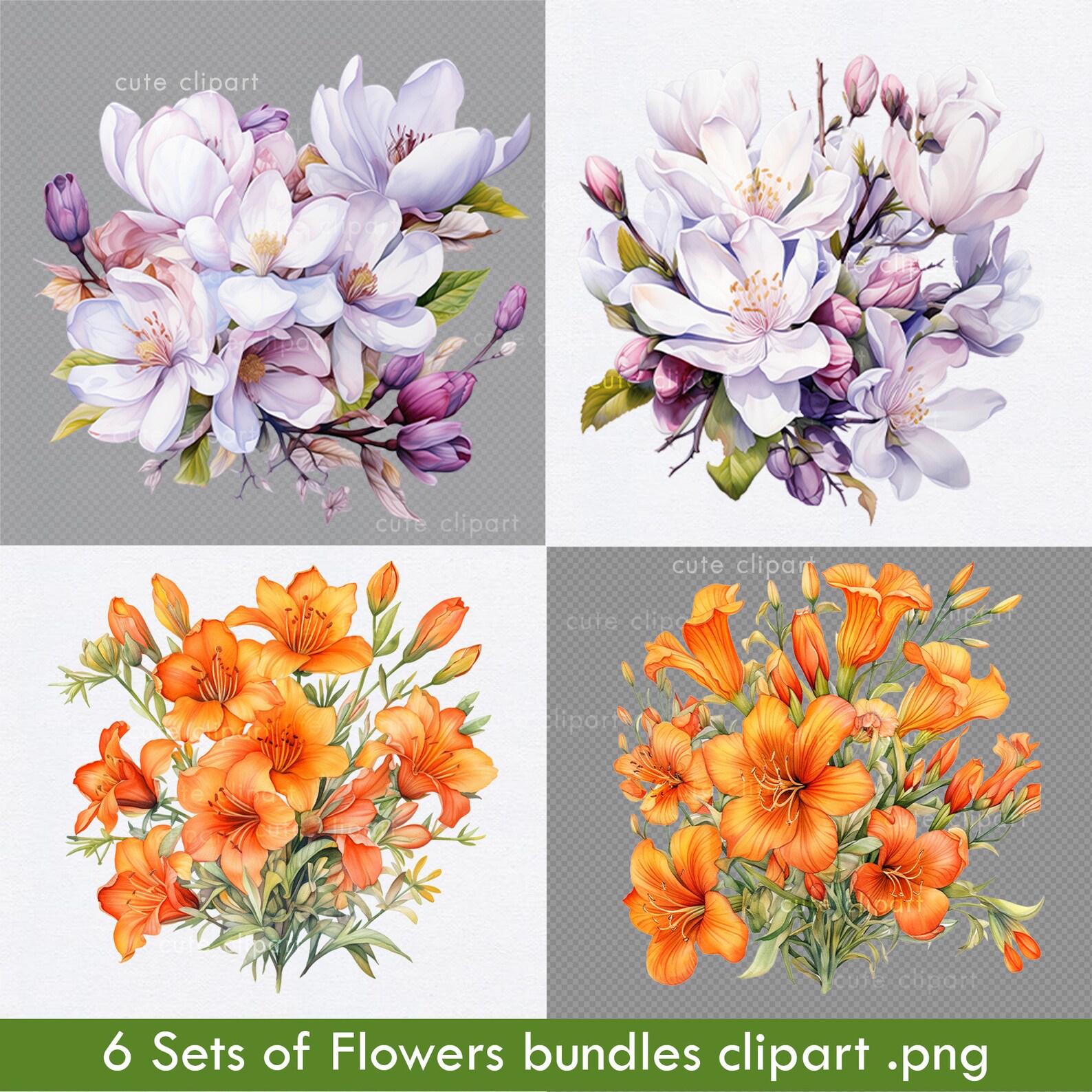 Flowers Clip Art Bundle - 20 PNG Beautiful Floral Graphics, Flower ...
