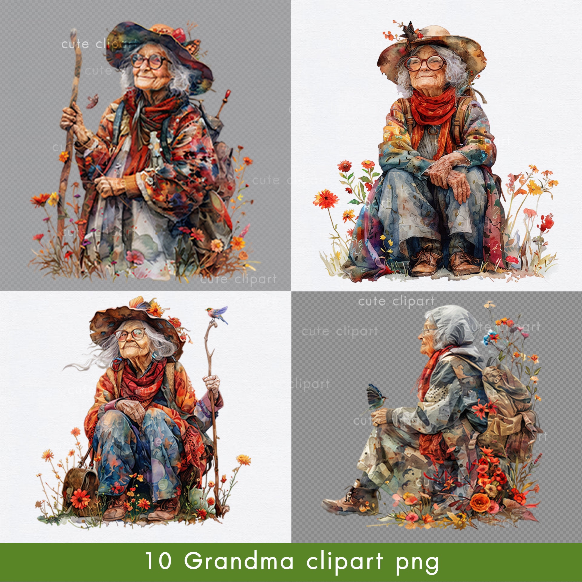 Whimsical Old Lady, Grandma Illustration Graphics PNG, Watercolor Old ...