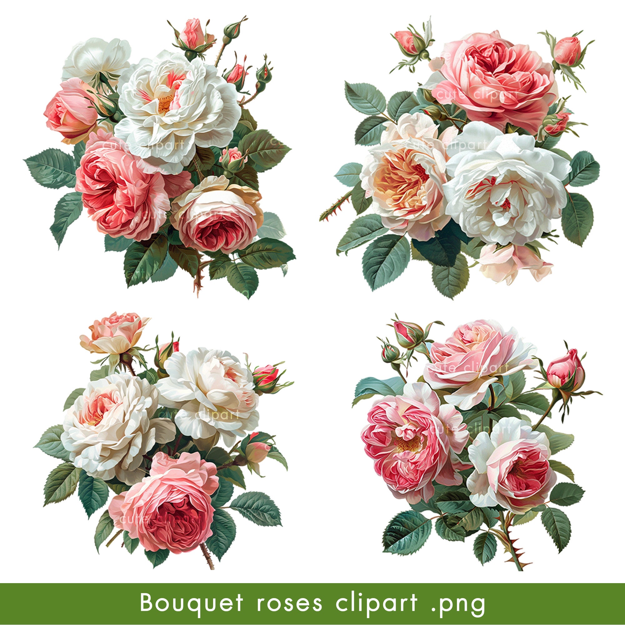 8 PNG Rose Florals Clipart- Realistic Rose Bouquet Clipart- Printable ...