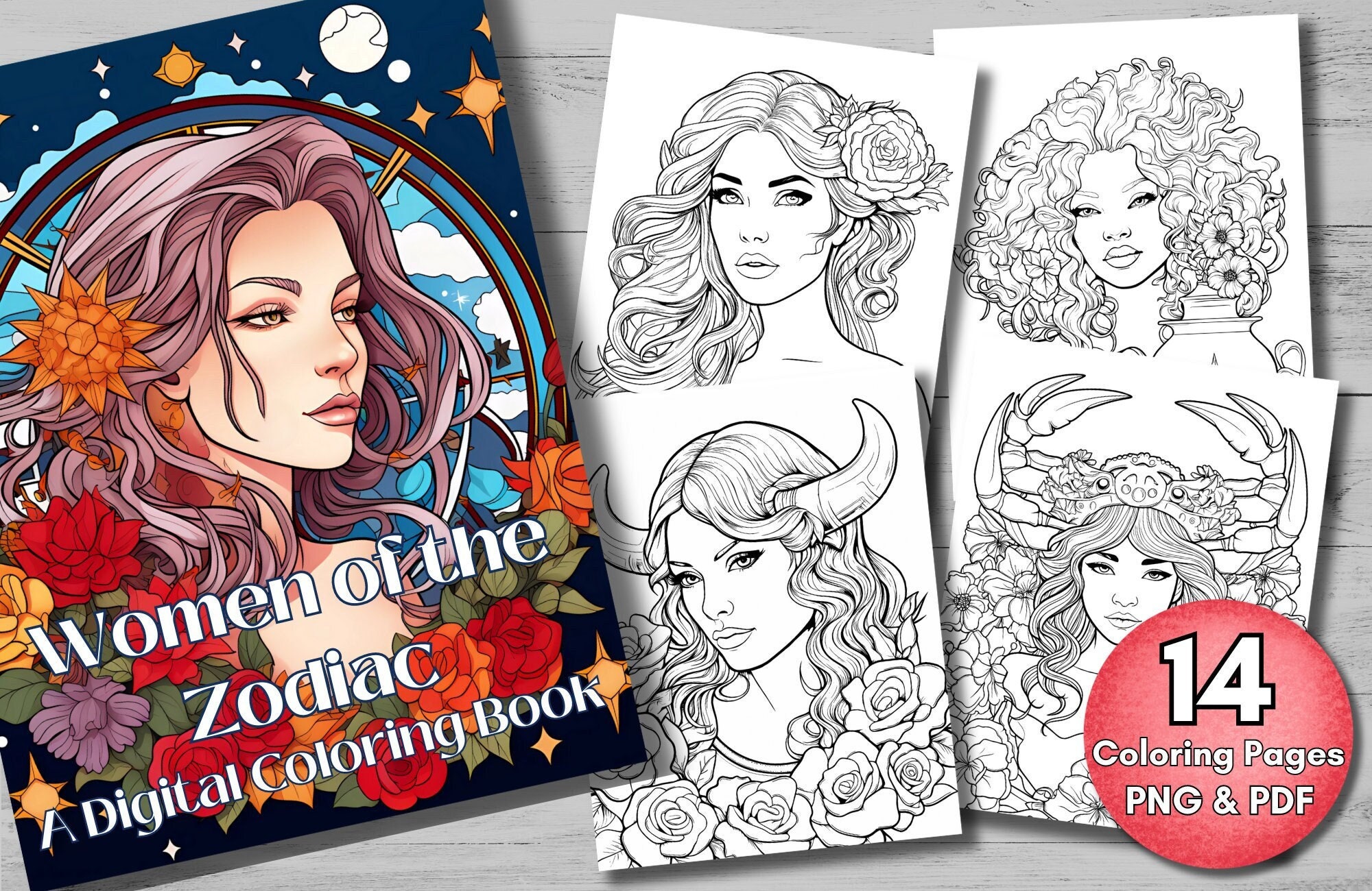 Women of the Zodiac: 14 Coloring Pages for Adults, Astrology, Celestial ...