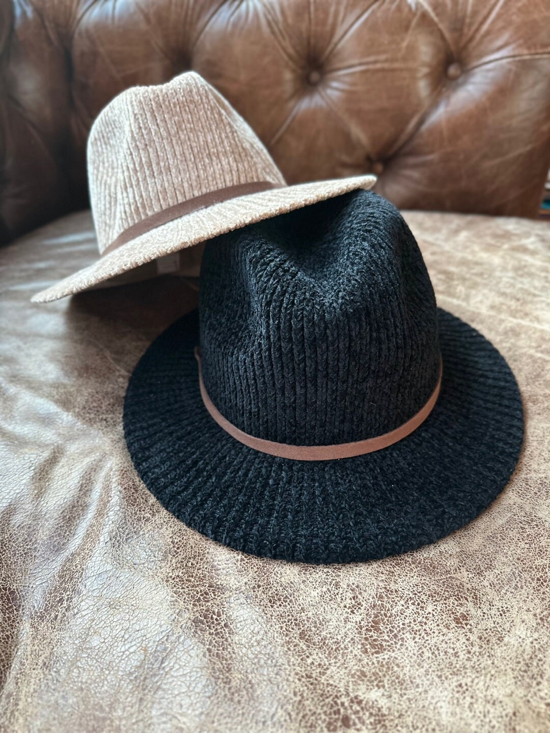 Ribbed Knit Fedora Hat With a Simple Suede Belt - Etsy
