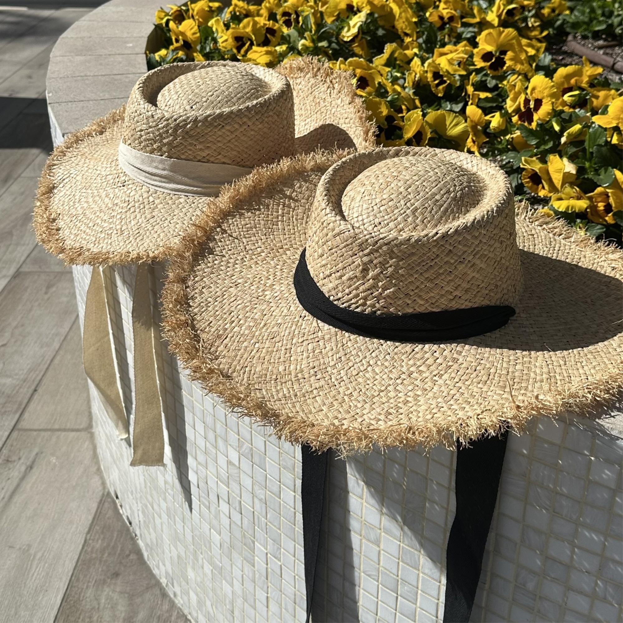Boho Frayed Edge Straw Sun Hat: Wide Brim, Long Ribbon Tie - Etsy