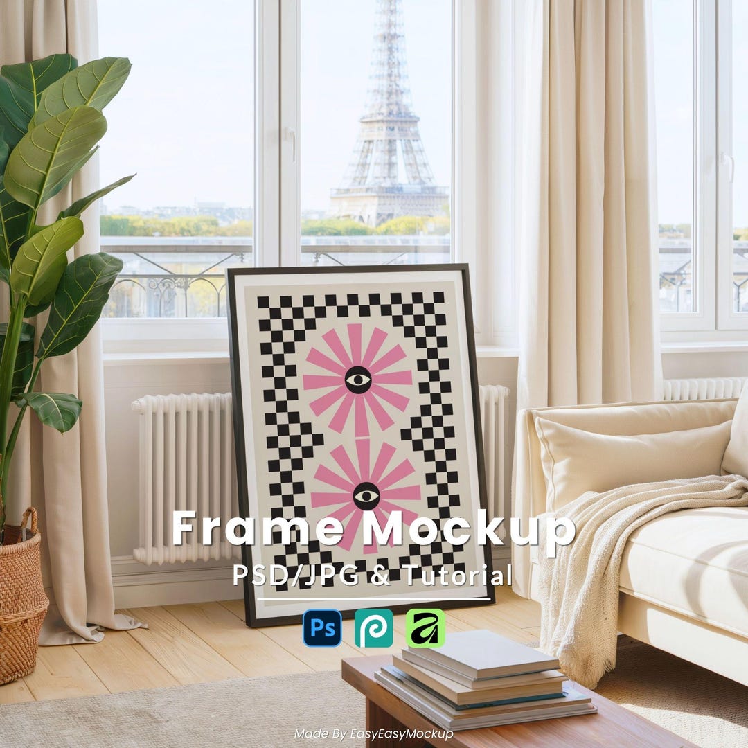 5x7 Black Frame Mockup PSD, Eiffel Tower Paris View Sofa Display, Plant ...