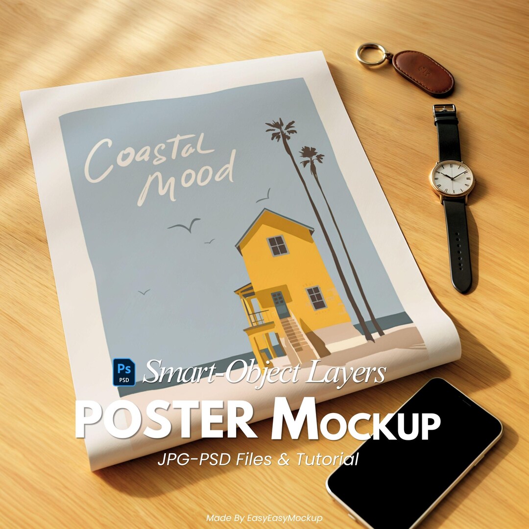 A4 Poster Mockup With Curled Edge on Wooden Desk — Minimal Scene With ...