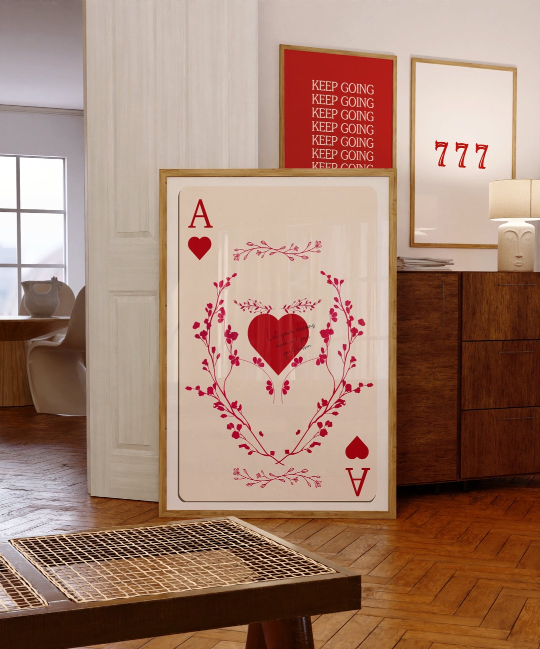 Vintage Ace of Hearts Floral Poster, Pretty Red Playing Card Wall Art ...