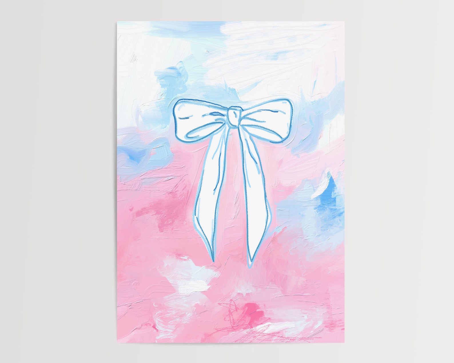 Girly Bow Print, Preppy Coquette Painting, Pink and Blue Oil Painting ...