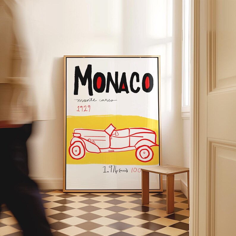 Yellow Car F1 Poster, Vintage Monaco Racing Wall Art, Grand Prix Sporty ...