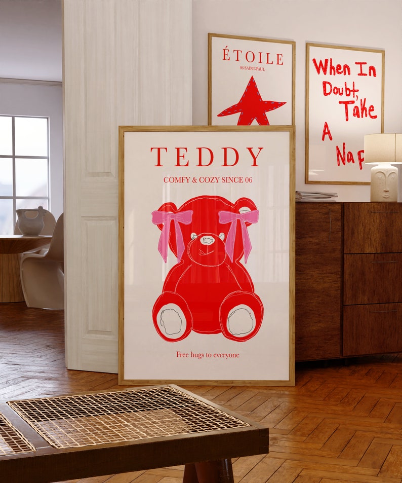 Coquette Bear Poster, Cute Trendy Art Print, Vintage Hand-illustrated ...