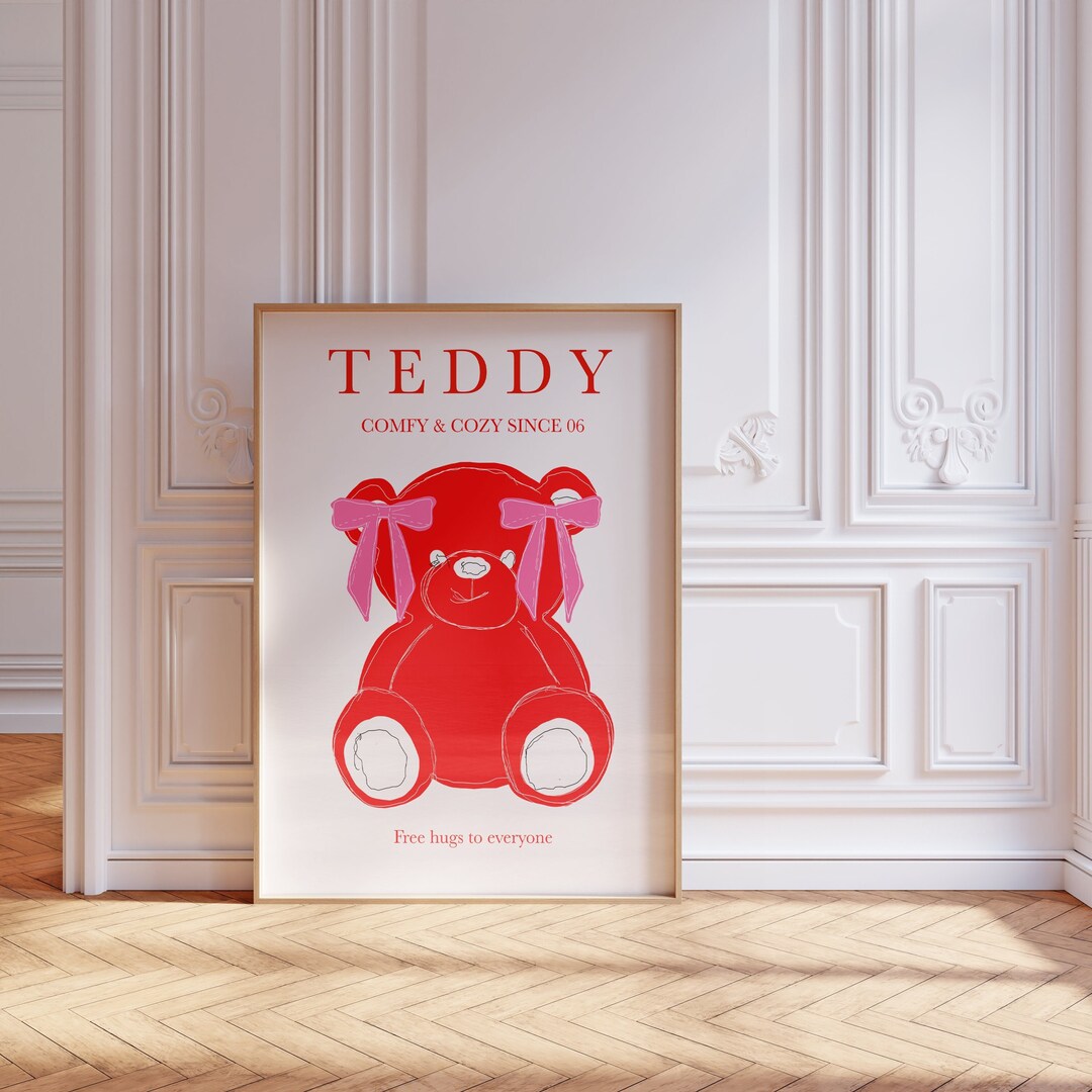 Coquette Bear Poster, Cute Trendy Art Print, Vintage Hand-illustrated ...