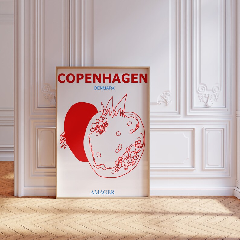 Illustrated Denmark Poster, Red Trendy Poster Aesthetic, Scandinavian ...