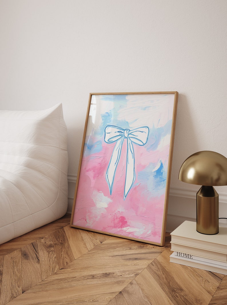 Girly Bow Print, Preppy Coquette Painting, Pink and Blue Oil Painting ...