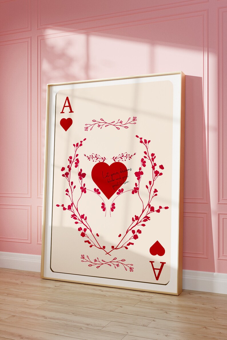 Vintage Ace of Hearts Floral Poster, Pretty Red Playing Card Wall Art ...