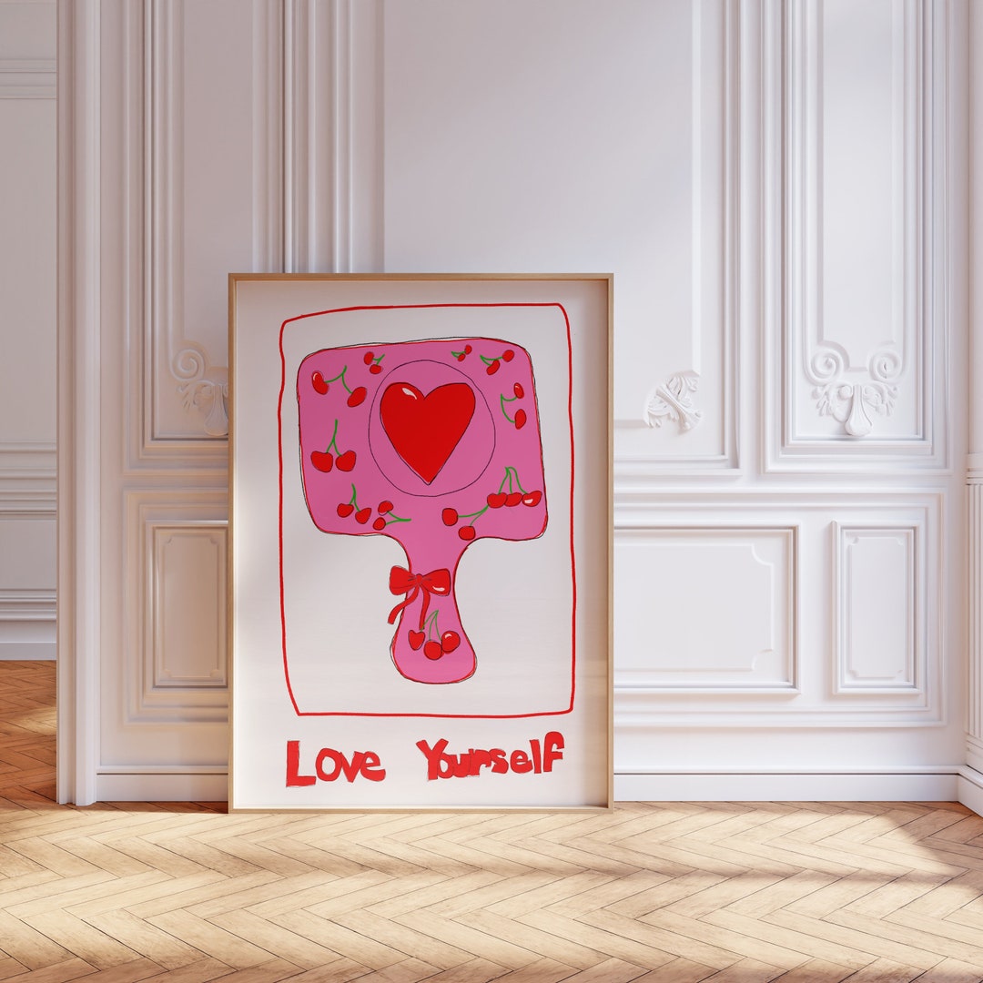 Coquette Love Poster, Hand Drawn Cherry Print, Vibrant Red Bow Print ...