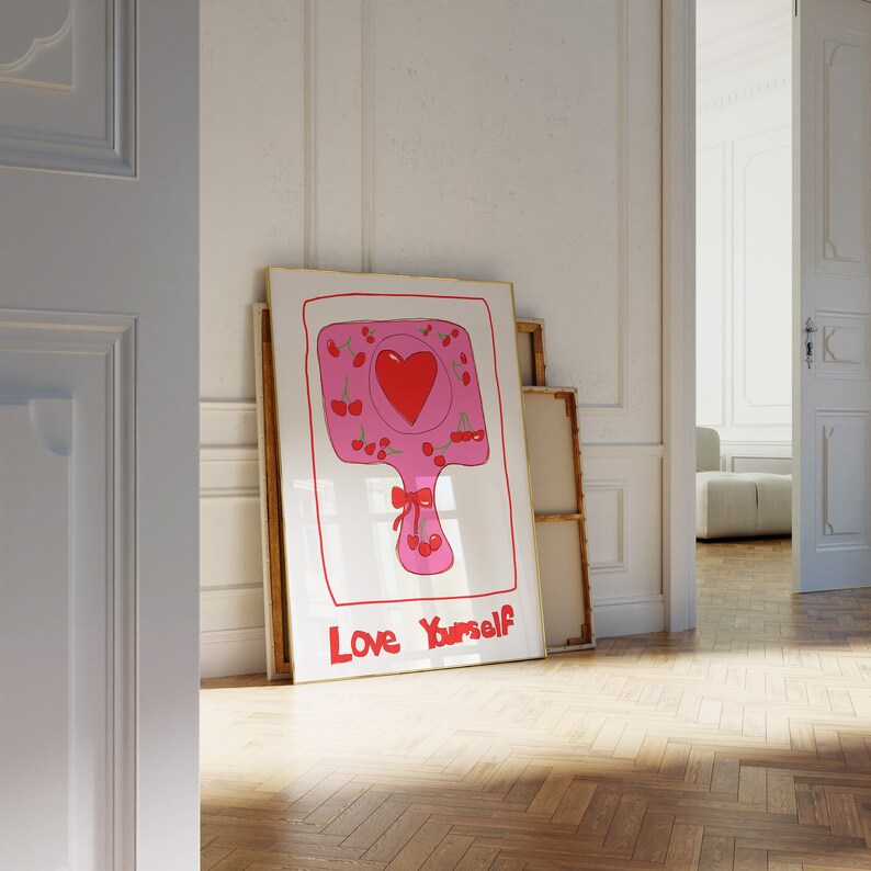 Coquette Love Poster, Hand Drawn Cherry Print, Vibrant Red Bow Print ...