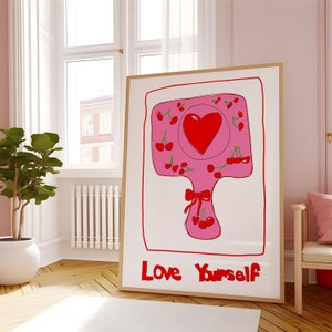 Coquette Love Poster, Hand Drawn Cherry Print, Vibrant Red Bow Print ...