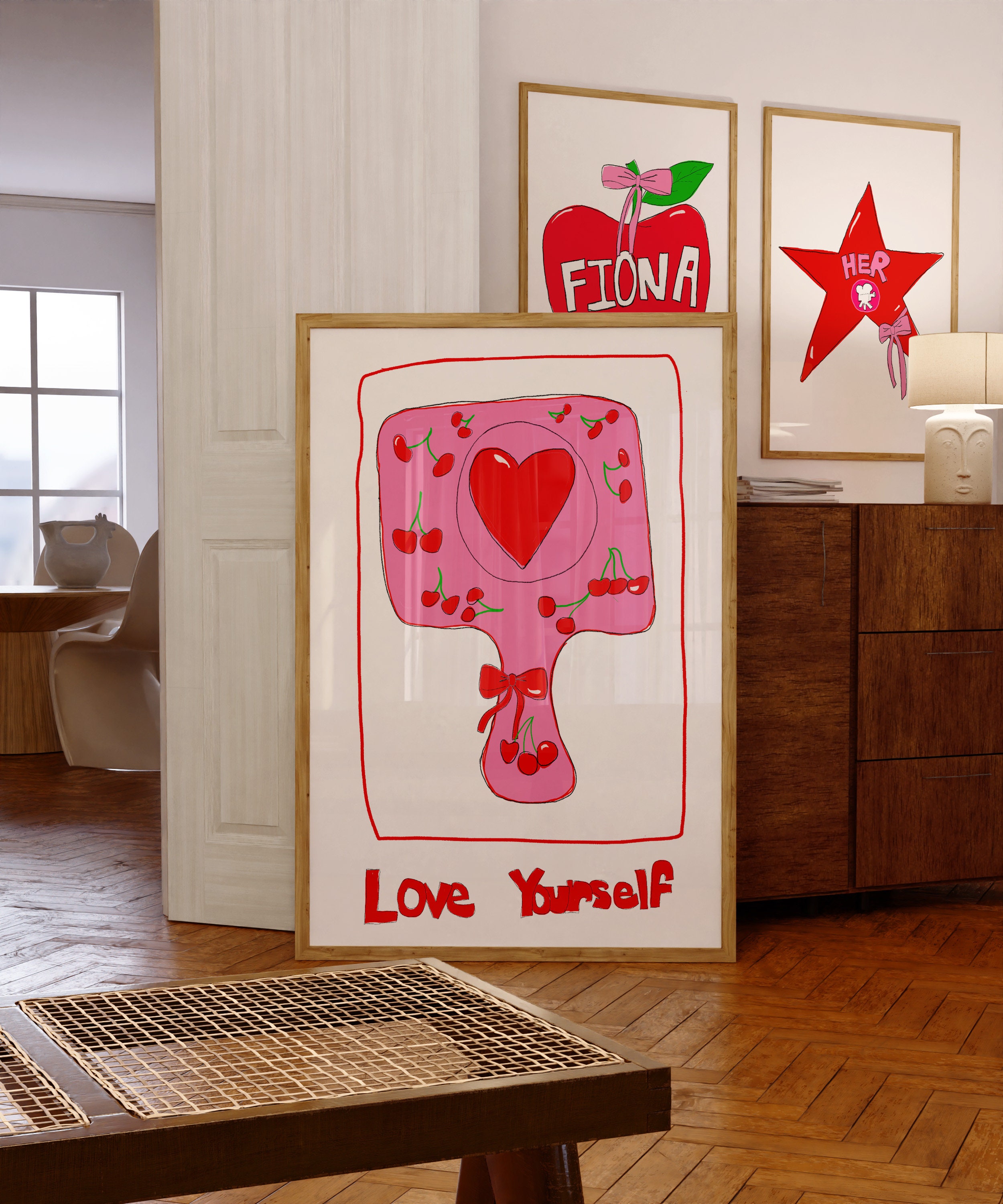 Coquette Love Poster, Hand Drawn Cherry Print, Vibrant Red Bow Print ...