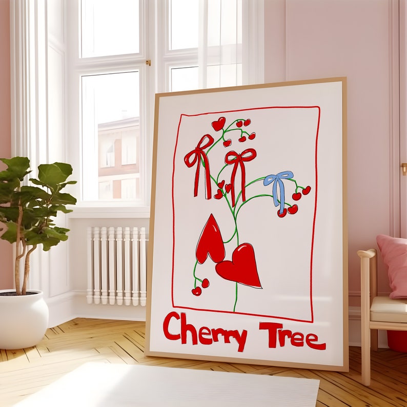 Cherry Tree Poster, Red Bow Poster, Dainty Coquette Bow Print, Coquette ...