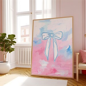Girly Bow Print, Preppy Coquette Painting, Pink and Blue Oil Painting ...