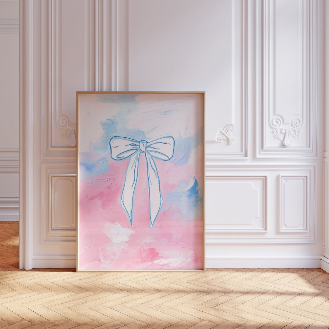 Girly Bow Print, Preppy Coquette Painting, Pink and Blue Oil Painting ...
