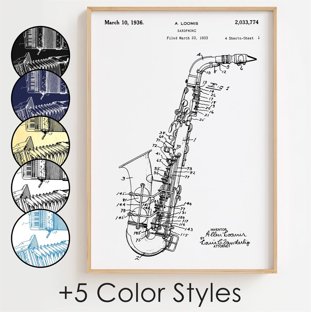 Saxophone Blueprint Poster, Saxophone Patent Wall Art Minimalistic ...