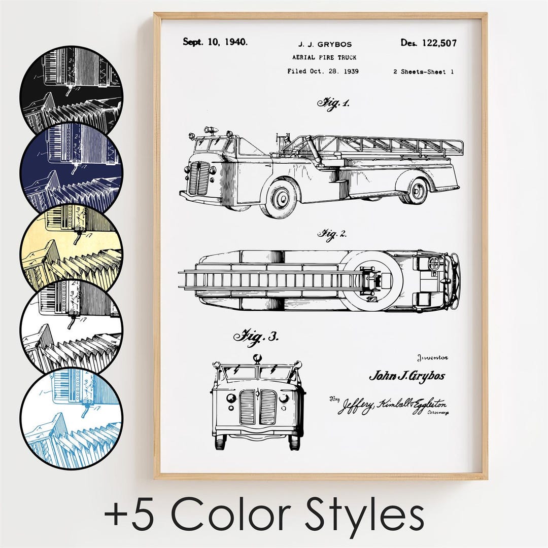 Vintage Fire Truck Blueprint Poster, Vintage Fire Truck Patent Wall Art ...