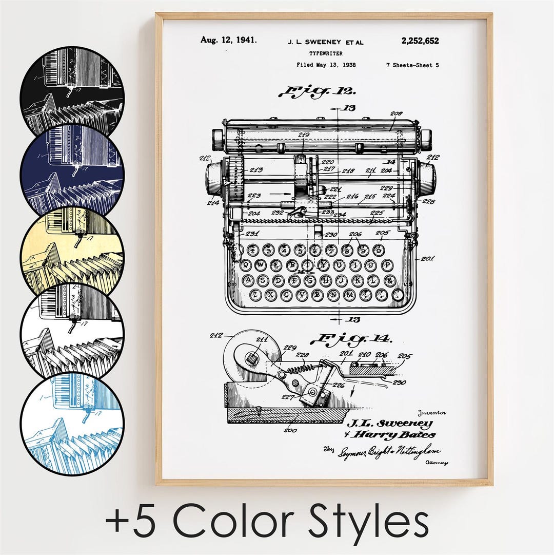 Typewriter Blueprint Poster, Typewriter Patent Wall Art Minimalistic ...