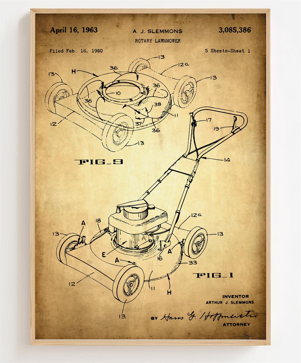 Lawn Mower Blueprint Poster, Lawn Mower Patent Wall Art Minimalistic ...