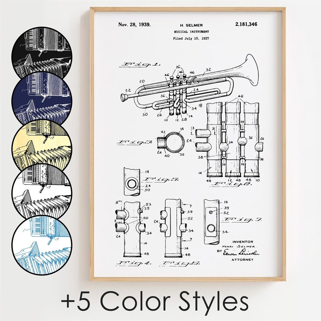 Trumpet Blueprint Poster, Trumpet Patent Wall Art Minimalistic, Gift ...