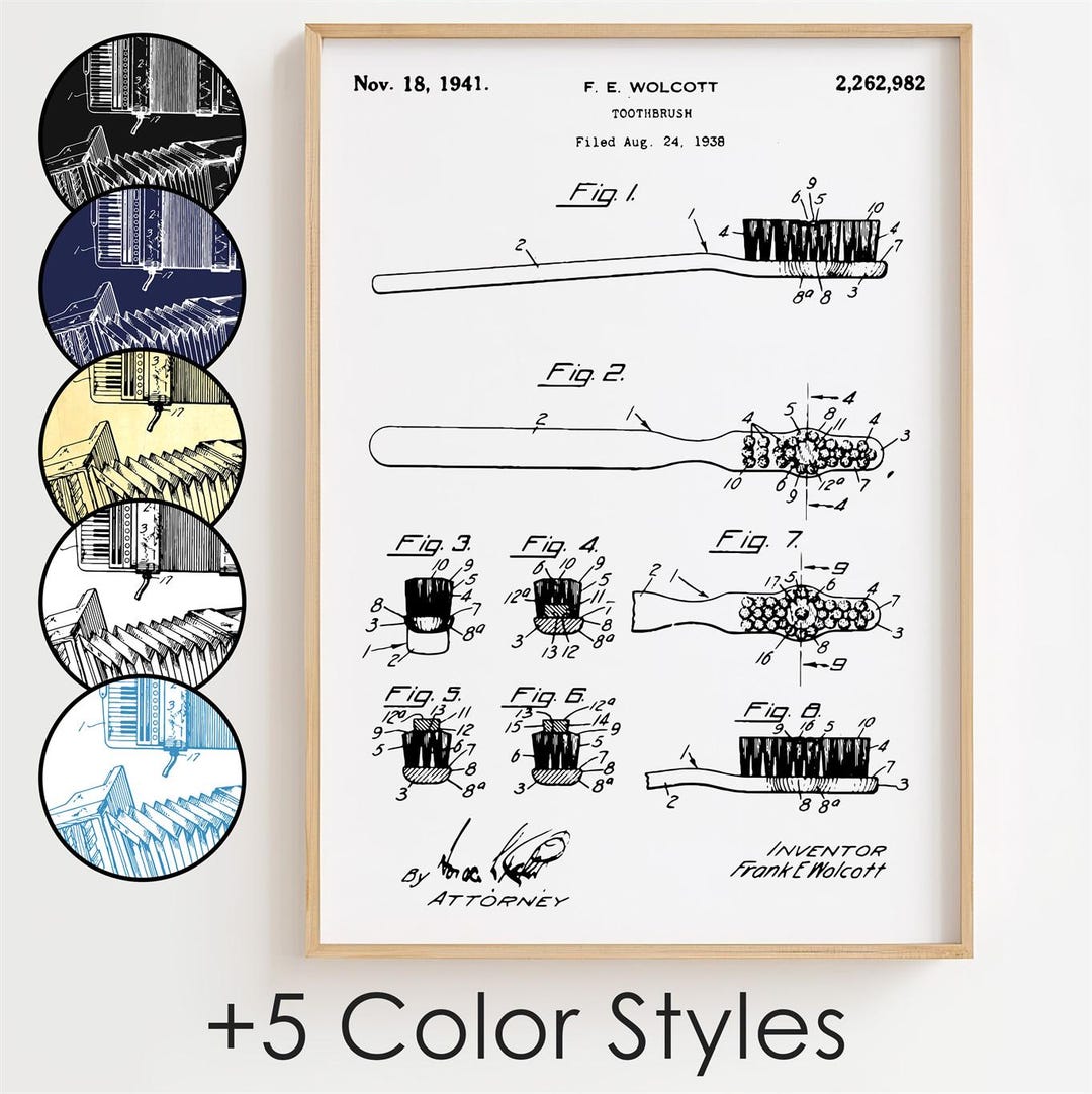 Toothbrush Blueprint Poster, Toothbrush Patent Wall Art Minimalistic ...
