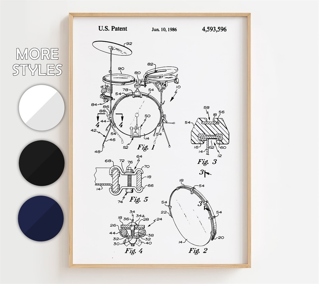 Drum Set Blueprint Poster, Drum Set Blueprint Patent Wall Art ...