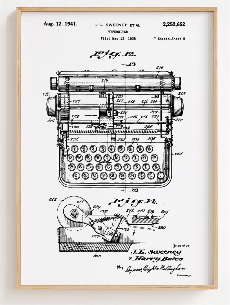 Typewriter Blueprint Poster, Typewriter Patent Wall Art Minimalistic ...
