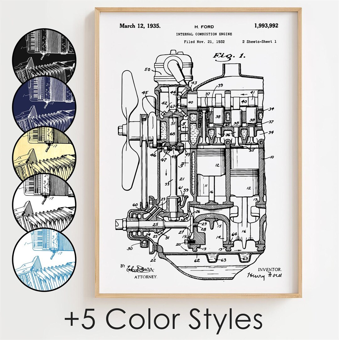 Ford Engine Blueprint Poster, Ford Engine Patent Wall Art Minimalistic ...