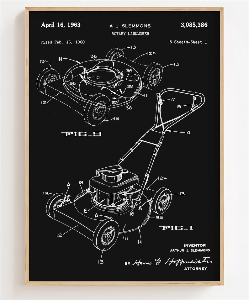 Lawn Mower Blueprint Poster, Lawn Mower Patent Wall Art Minimalistic ...