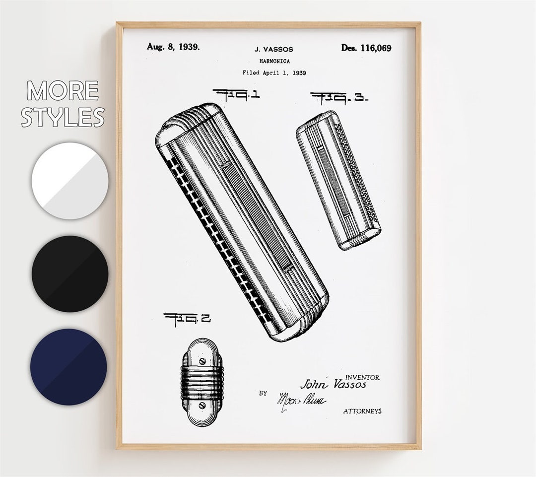 Harmonica Blueprint Poster, Patent Wall Art Minimalistic, Gift Decor ...