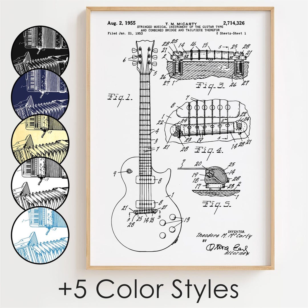 Gibson Les Paul Blueprint Poster, Gibson Les Paul Patent Wall Art ...