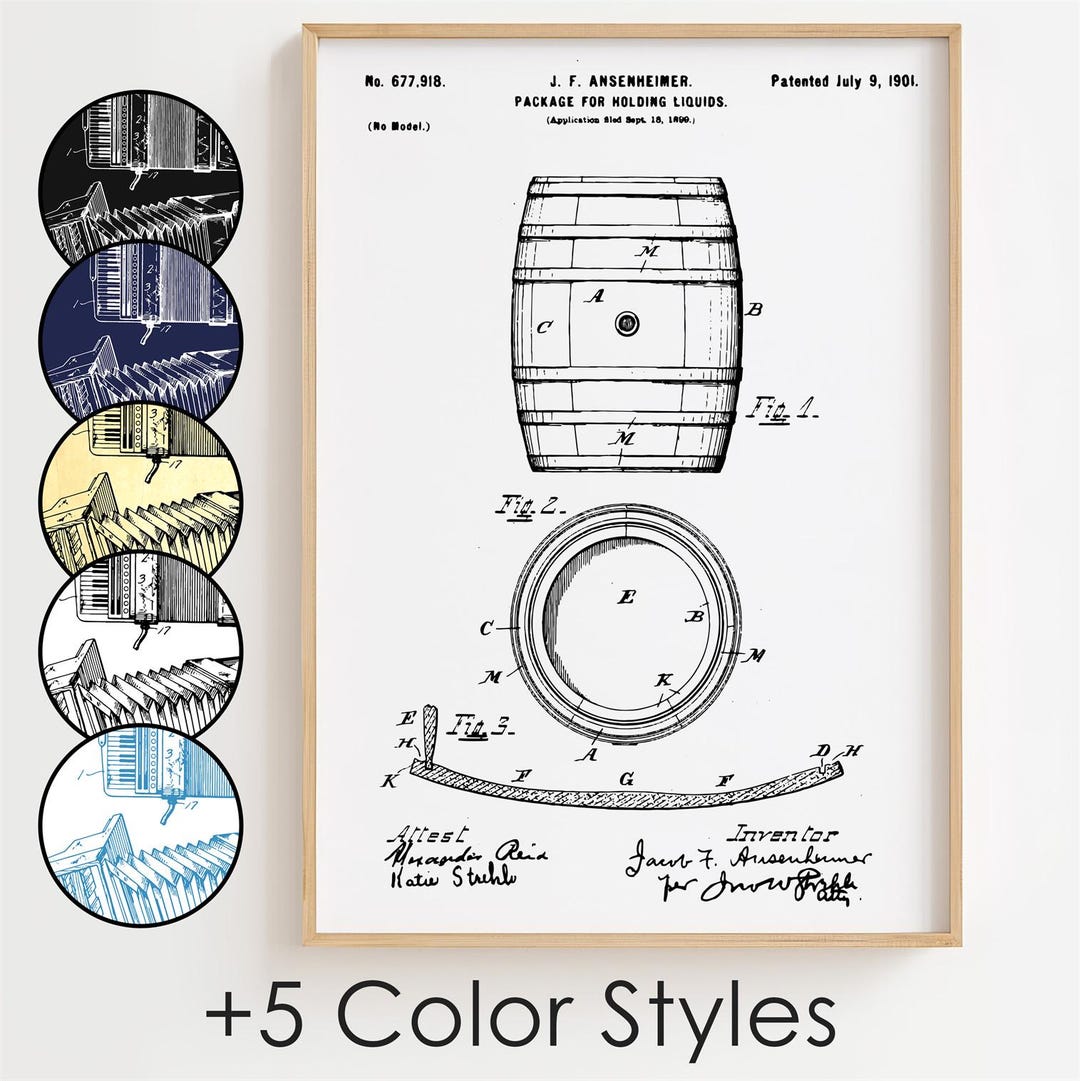 Wine Barrel Blueprint Poster, Wine Barrel Patent Wall Art Minimalistic ...