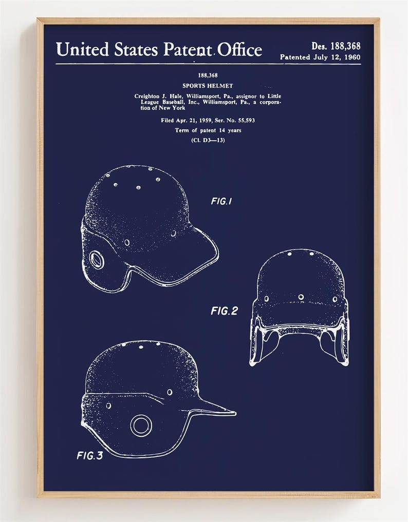 Baseball Helmet Blueprint Poster, Baseball Bat Patent Wall Art ...