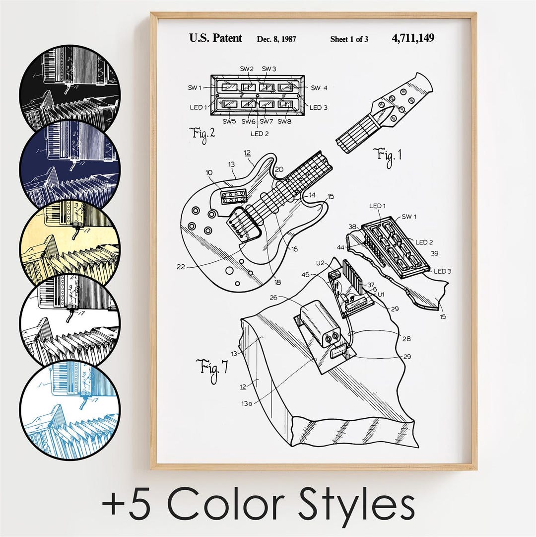 Electric Guitar Blueprint Poster, Electric Guitar Patent Wall Art ...