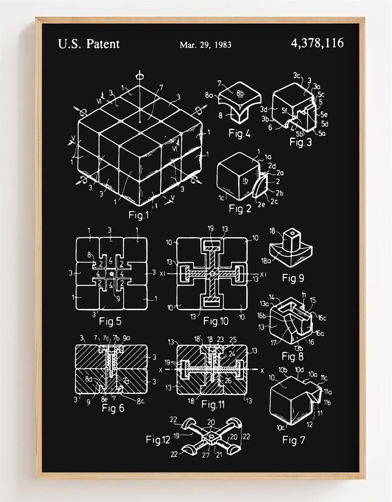 Rubik's Cube Blueprint Poster, Rubik's Cube Patent Wall Art ...